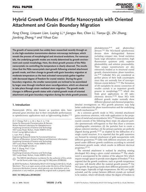 Pdf Hybrid Growth Modes Of Pbse Nanocrystals With Oriented Attachment