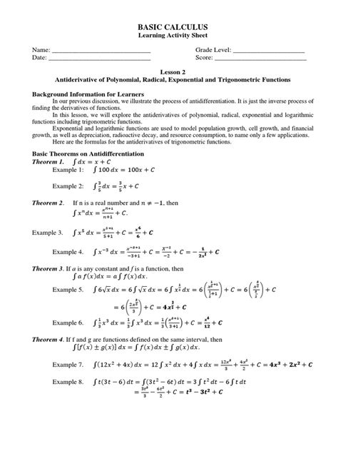 Basic Calculus Las Quarter 4 Antiderivatives Pdf Trigonometric Functions Sine