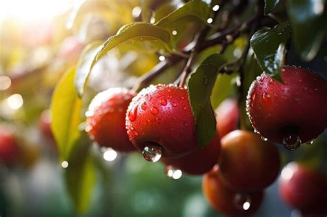 Premium AI Image Red Java Apple Hanging At Branches Still Wet With Morning Dew