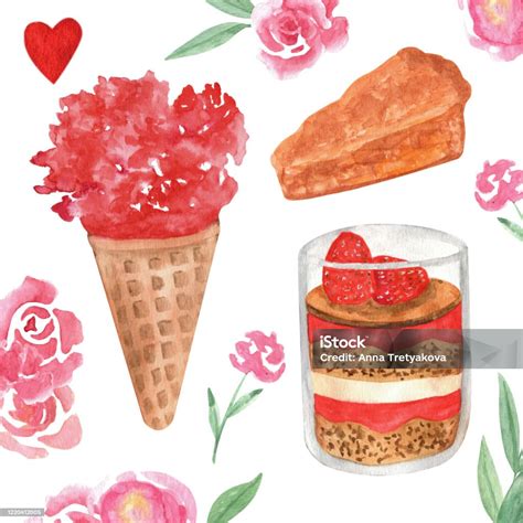 인사말 카드 포스터 조리법 요리 디자인 디저트와 손으로 그린 수채화 아이스크림 세트 흰색 배경에 격리 귀여운 컬러풀한 여름