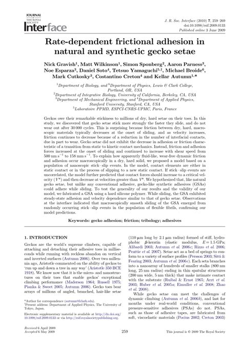 Pdf Rate Dependent Frictional Adhesion In Natural And Synthetic Gecko Setae