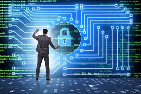 The Man In Digital Security Concept Pressing Button Man In Digital Security Concept Pressing