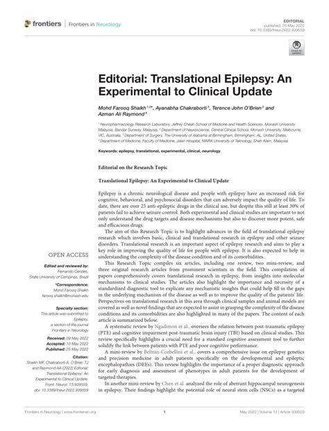 Pdf Editorial Translational Epilepsy An Experimental To Clinical Update