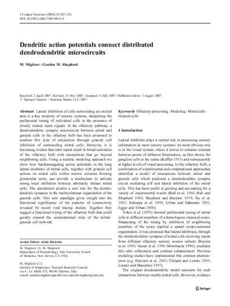 Pdf Dendritic Action Potentials Connect Distributed Dendrodendritic