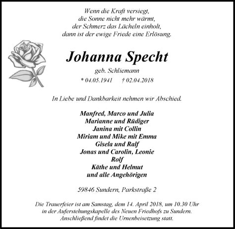 Traueranzeigen Von Johanna Specht Trauer In Nrw De