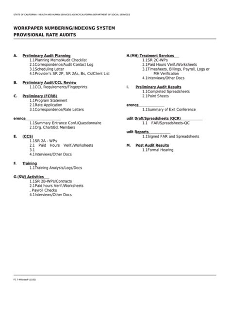 Form Fc 7 Wkindexp Workpaper Numberingindexing System Provisional