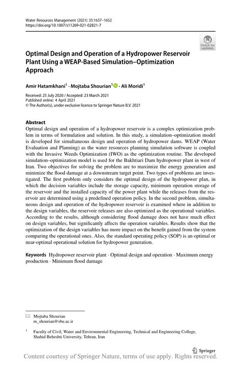 Optimal Design And Operation Of A Hydropower Reservoir Plant Using A Weap Based Simulation