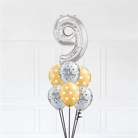 Customizable Number 9 Balloon Bouquet Silver Micro Foil Balloon With L