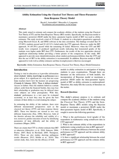 ability estimation using the classical test theory and three parameter