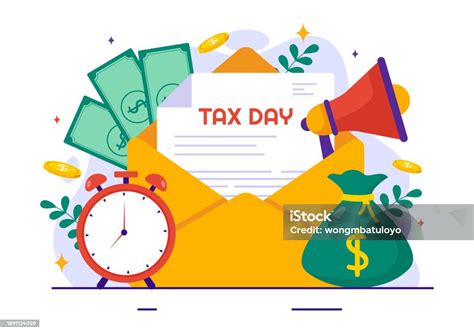 행복 세금 날 벡터 일러스트 레이 션 에 4 월 15 일 클립 보드 세금 양식 시계 펜 동전 돈 및 종이 문서를 사용하여 평면