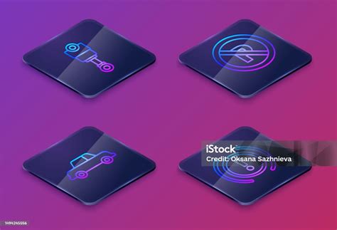 아이소메트릭 라인 엔진 피스톤 자동차 주차 또는 정지 금지 및 브레이크 시스템 경고를 설정합니다 파란색 사각형 버튼입니다 벡터 3차원 형태에 대한 스톡 벡터 아트 및 기타