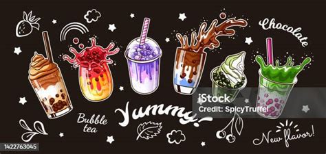 버블 밀크 티 포스터 아이스 커피 컵 밀크 셰이크 음료 음식 디저트 초콜릿 모카 크림과 검은 색 배경에 귀여운 스무디 수평 여름