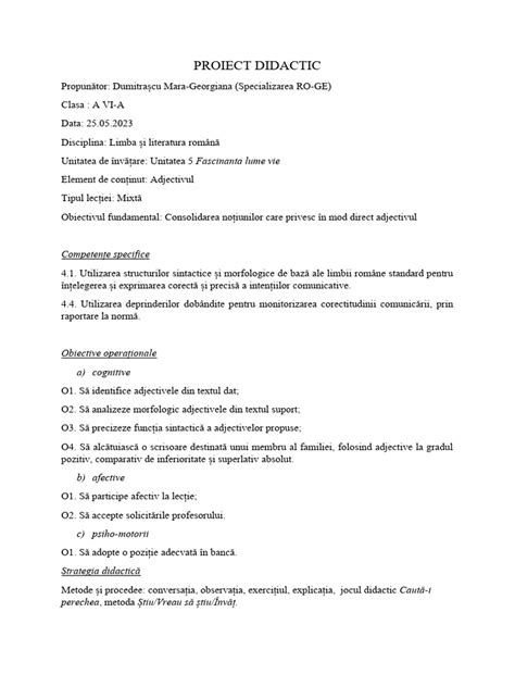 proiect didactic gimnaziu model pdf