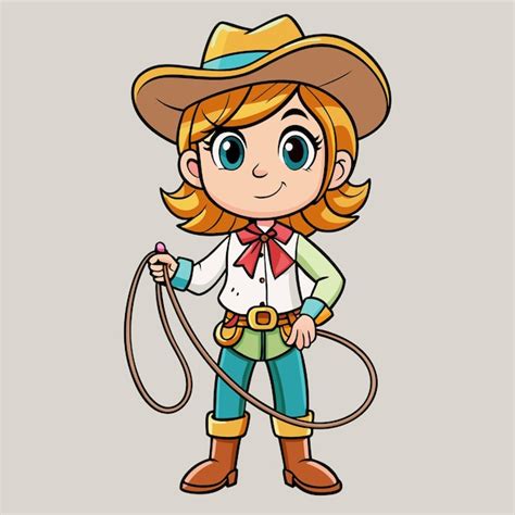 Adorable Girl In Cowgirl Costume Holding A Lasso Cartoon Vector Premium Ai Generated Vector