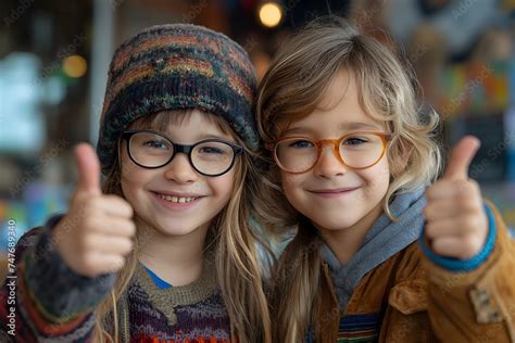 Zwei Lächelnde Kinder Mit Einem Nerd Style Konzept Bildung Und