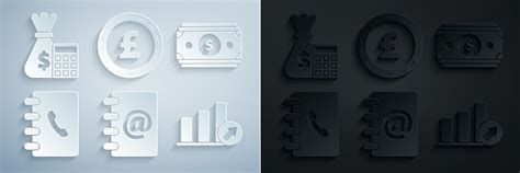 주소록 설정 지폐 현금 쌓기 그래프 일정 차트 다이어그램 인포 그래픽 파이 그래프 동전 파운드 스털링 기호 및 계산기 가방 아이콘으로 프레젠테이션 금융 벡터 0명에 대한