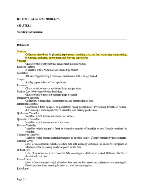 Ics 2328 Statistical Modeling Notes 1 Pdf Quartile Variance