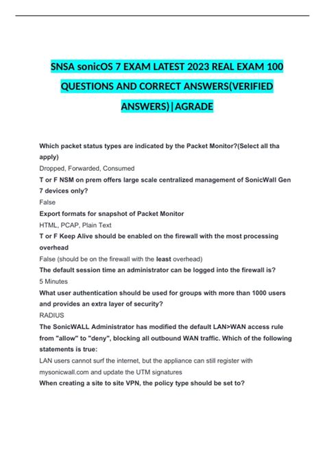 Snsa Sonicos 7 Exam Latest 2023 Real Exam 100 Questions And Correct Answers Verified Answers