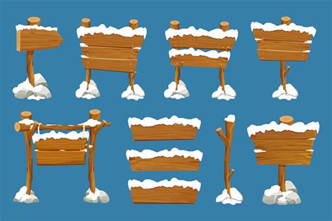 오래된 나무 빈 만화 스타일의 눈이있는 간판을 설정합니다 빈 프레임 파란색 배경에 격리 된 방향 판자 계절 장식 벡터 일러스트레이션 개체 그룹에 대한 스톡 벡터 아트 및