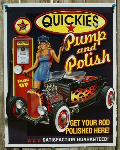 Quickies Pump N Polish Tin Sign Man Cave Garage Pin Up Girl Oil Gas Hot