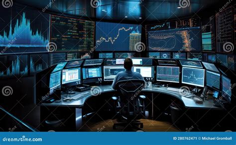 Forex Trader Sitting In Front Of Many Screens Created With Generative Ai Stock Illustration