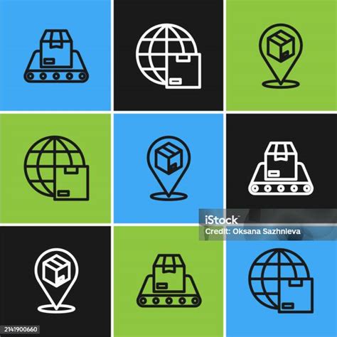 상자 위치 판지 및 전세계 배송 아이콘이 있는 라인 컨베이어 벨트를 설정합니다 벡터 감시에 대한 스톡 벡터 아트 및 기타 이미지 감시 공장 산업 건물 글로벌 비즈니스