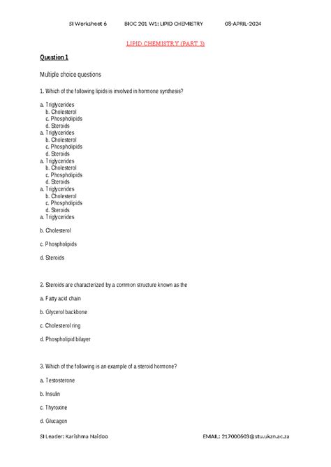 BIOC Worksheet Lipid PART LIPID CHEMISTRY PART Question Multiple Choice