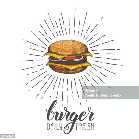 손으로 그린 햄버거 흰색 절연 패스트 푸드 메뉴에 대 한 최신 유행 요소입니다 손으로 만든 Lettring 벡터 개체입니다 스케치 조각 햄버거 류에 대한 스톡 벡터 아트 및