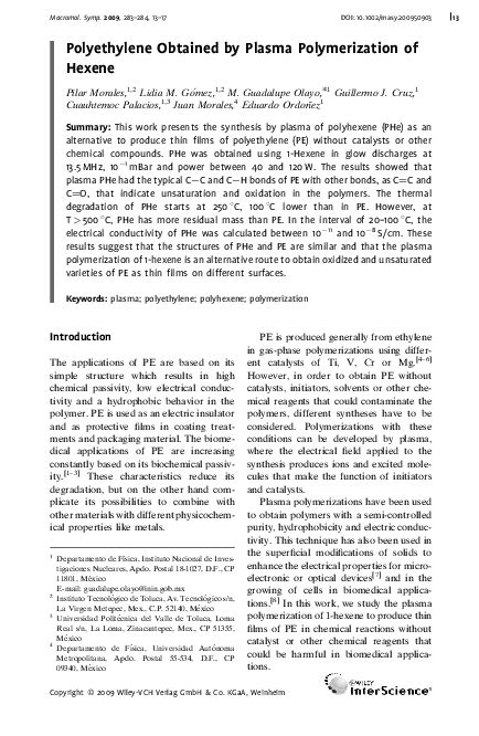 Pdf Polyethylene Obtained By Plasma Polymerization Of Hexene