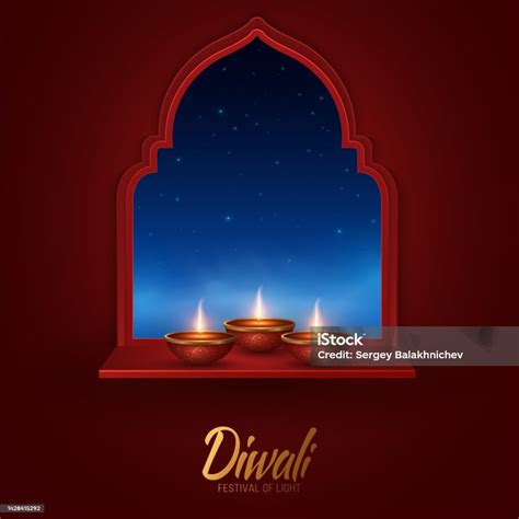 조명 오일 디야 램프는 별이 빛나는 동화 같은 하늘이 내려다 보이는 빨간 창문에 서 있습니다 빛의 디왈리 축제에 대한 표지 또는 배너 휴일을위한 인도 디자인 3d 벡터