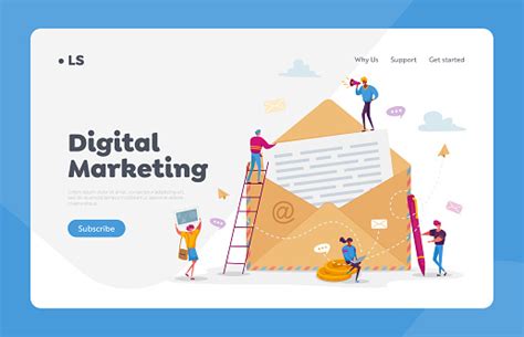 전자 메일 편지 방문 페이지 템플릿을 작성하는 사람들 펜과 우표와 작은 남성 여성 문자는 거대한 봉투에 종이를 넣어 전자 메일