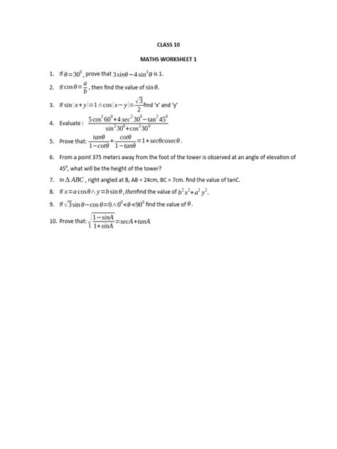 Class 10 Maths Worksheet 1 Pdf