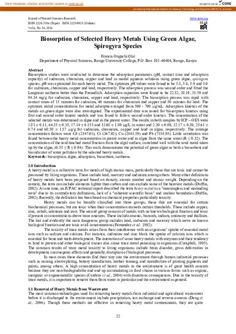 Pdf Biosorption Of Selected Heavy Metals Using Green Algae Spirogyra