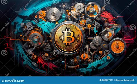 Bitcoin Elements Such As The Logo Transaction Blocks And Cryptographic Symbols Stock