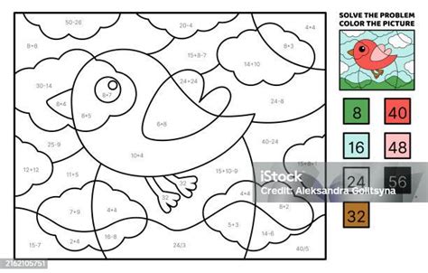 문제를 해결하고 그림을 색칠하십시오 빨간 비행 새 색칠 공부 벡터 곱셈에 대한 스톡 벡터 아트 및 기타 이미지 곱셈 나눗셈 더하기 기호 Istock
