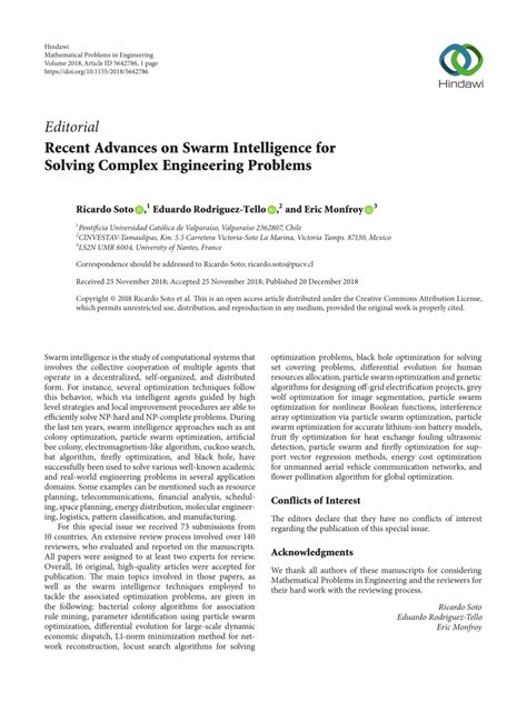 Pdf Recent Advances On Swarm Intelligence For Solving Complex