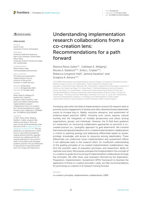 Pdf Understanding Implementation Research Collaborations From A Co Creation Lens