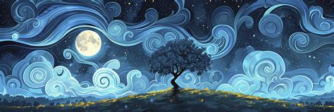 진한 파란색 배경과 소용돌이치는 흰 구름이 있는 초원 위의 가을 나무 예술 나무 미술 가을 배경 일러스트 및 사진 무료 다운로드 Pngtree