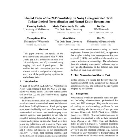 Shared Tasks Of The 2015 Workshop On Noisy User Generated Text Twitter