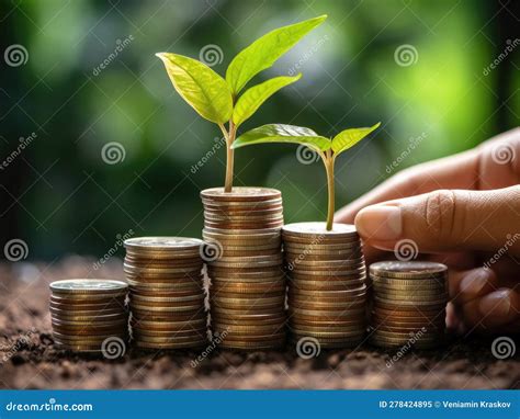 Una Mano Coloca Monedas En Una Pila Con Una Planta Creciendo Con Dinero