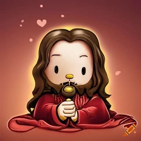 Artistic Depiction Of Jesus And Hello Kitty Expressing Love