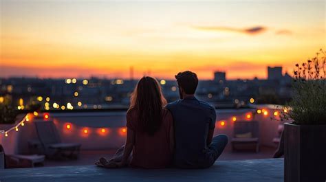 A Couple Sitting On A Rooftop Watching The Sunset Over A City Skyline