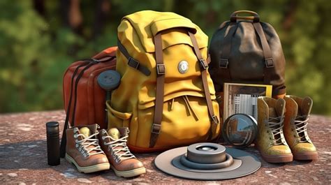 캠핑 모험 배낭 기타 하이킹 신발과 모자 여름 캠프 여행 여행 3d 렌더링을 위한 앙상블 캠핑 일러스트레이션 캠핑 배경 등산 배경 일러스트 및 사진 무료 다운로드