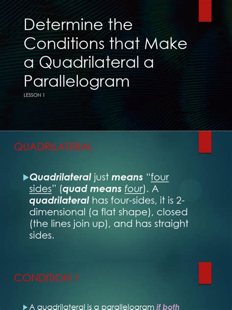 Q3 Lesson 1 Conditions That Make A Quadrilateral Pdf Elementary Geometry Geometry