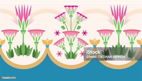 연꽃 잎 파피루스 야자수와 이집트 고대 장식의 원활한 패턴 벡터 그림 이집트에 대한 스톡 벡터 아트 및 기타 이미지 이집트