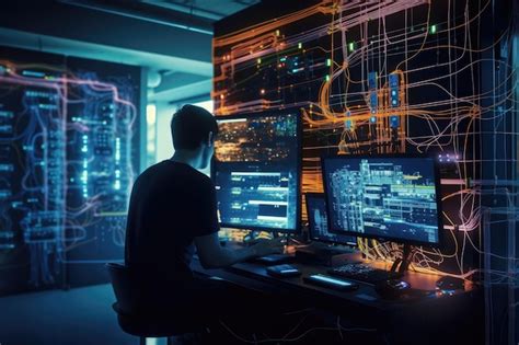 Premium Photo Hacker In A Dark Room With Computers And High Tech Interface Software Engineer