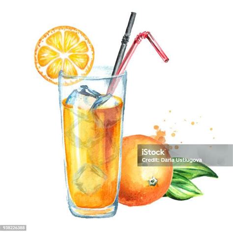 얼음 조각과 오렌지 주스의 유리입니다 흰색 배경에 고립 수채화 손으로 그린 그림 오렌지 주스에 대한 스톡 벡터 아트 및 기타 이미지 오렌지 주스 0명 감귤류 과일