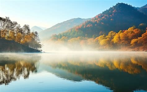 아름다운 안개 낀 호수와 산 가을 국내여행 나무 배경 일러스트 및 사진 무료 다운로드 Pngtree