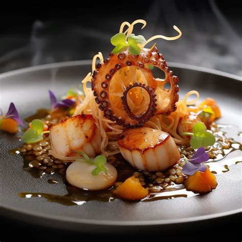 Delicious Scallops With Fried Octopus And Vegetables