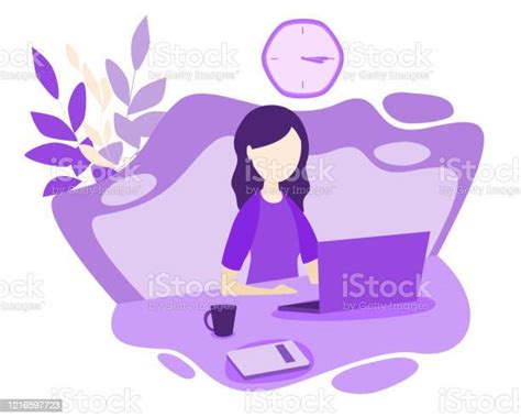 홈 개념 평면 작은 사람 벡터 그림에서 작업합니다 책상 의자 및 컴퓨터와 프리랜서 원격 사무실 작업장 인테리어 설치 노트북에 대한 스톡 벡터 아트 및 기타 이미지 Istock